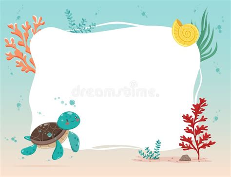 Vector Frame With Turtle And Sea Elements Isolated On White Stock
