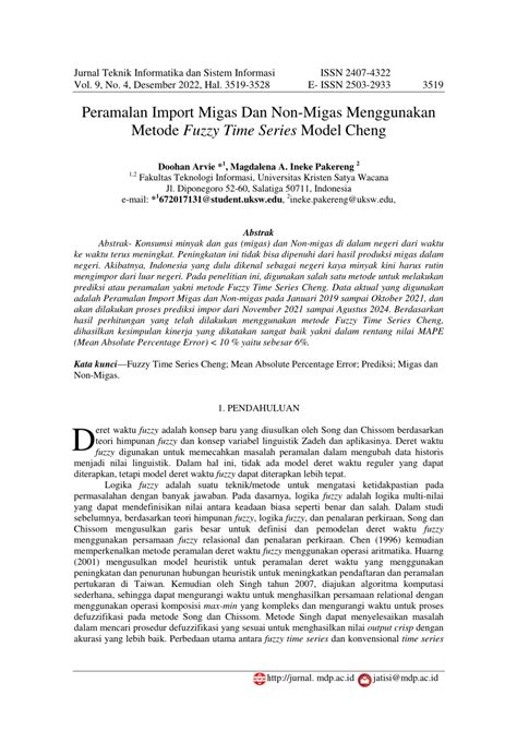 PDF Peramalan Import Migas Dan Non Migas Menggunakan Metode Fuzzy Time Series Model Cheng