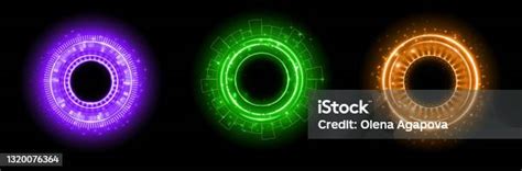 색상 홀로그램 포털 의 집합입니다 매직 판타지 포털 후광 효과가 있는 매직 서클 벡터 색상 광선 공상 과학 텔레포트 와 스파크스 와 홀로그램 기술 배경 문에 대한 스톡 벡터