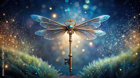 Magical Flying Key With Dragonfly Wings Floating In The Air Magical