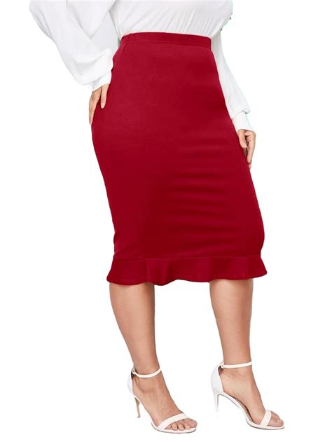 Elegant Plain Pencil Skirt Red Plus Size Skirts