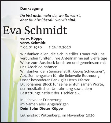Traueranzeigen Von Eva Schmidt Abschied Nehmende