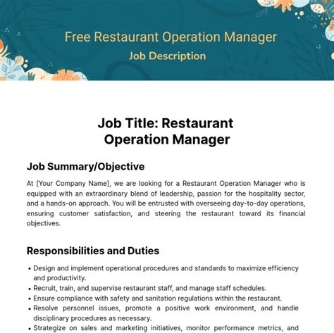 Free Restaurant Operation Manager Job Description Template To Edit Online