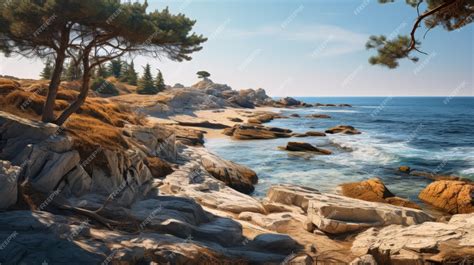 Premium Photo Detailed Hyperrealism Ocean Rock And Trees In Mediterranean Landscape