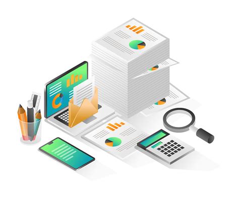 Flat Isometric Concept Illustration Business Enterprise Data Analysis Paper Stack 6202370