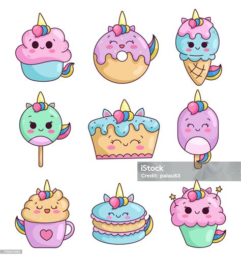 귀여운 귀여운 유니콘 요리와 디저트 컵케이크 생일 케이크 막대 사탕 아이스크림 커피 행복한 캐릭터 어린이 파티와 축하 벡터