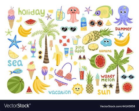 Big Summer Set With Cute Beach Elements Fruits Vector Image