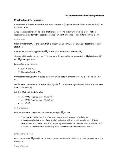 Test Of Hypotheses Based On Single Sample Test Of Hypotheses Based On Single Sample Hypothesis