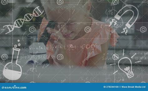 Animation Of Science Icons Over Happy Caucasian Schoolgirl Using Microscope In Science Class