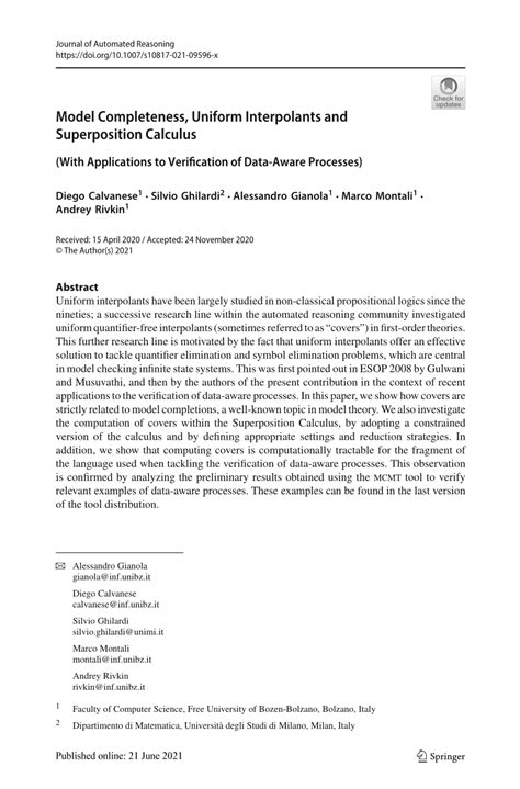 Pdf Model Completeness Uniform Interpolants And Superposition