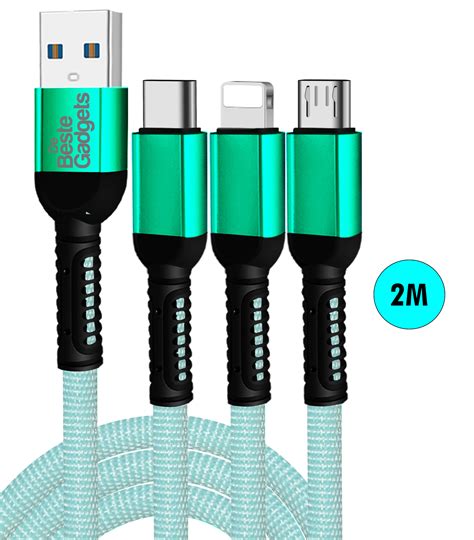De Beste Gadgets USB Oplaadkabel 3 In 1 Met Lightning USB C Micro USB 2m Kleur Mintgroen