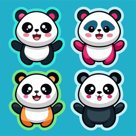 Four Cute Cartoon Pandas With Different Colored Patches Waving Their