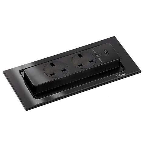 Evoline Backflip In Matt Black Steel 2 Uk Sockets 1 Usb C Worktop Socket