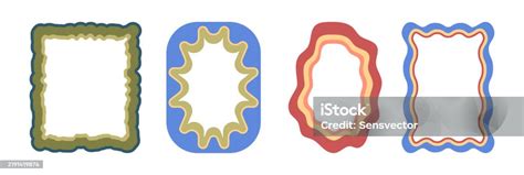 곡선과 가리비 가장자리가 있는 복고풍 물결 모양의 테두리 복사 공간이 있는 평평한 빈 프레임의 벡터 집합입니다 소셜 미디어용 빈티지 배너 포스터 원과 길쭉한 사각형의