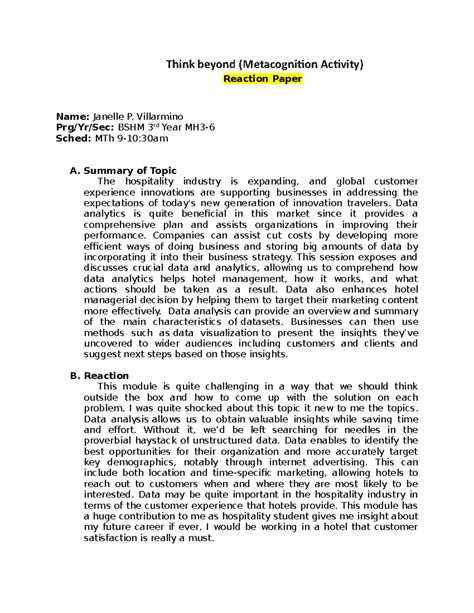 Reflection Paper Think Beyond Metacognition Activity Reaction Paper