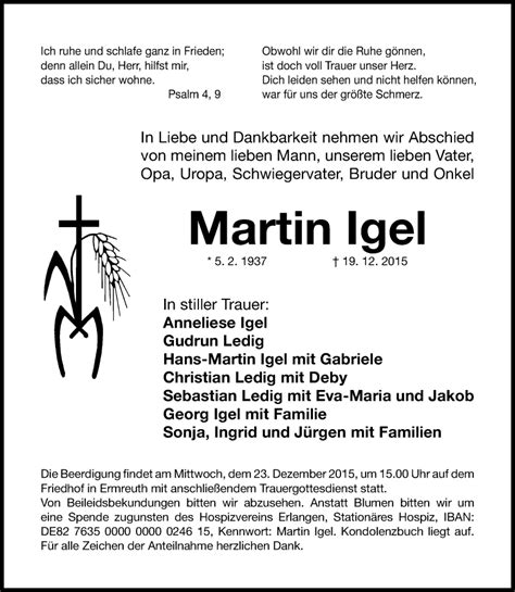 Traueranzeigen Von Martin Igel Trauernnde