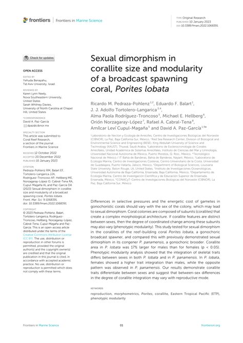 pdf sexual dimorphism in corallite size and modularity of a broadcast