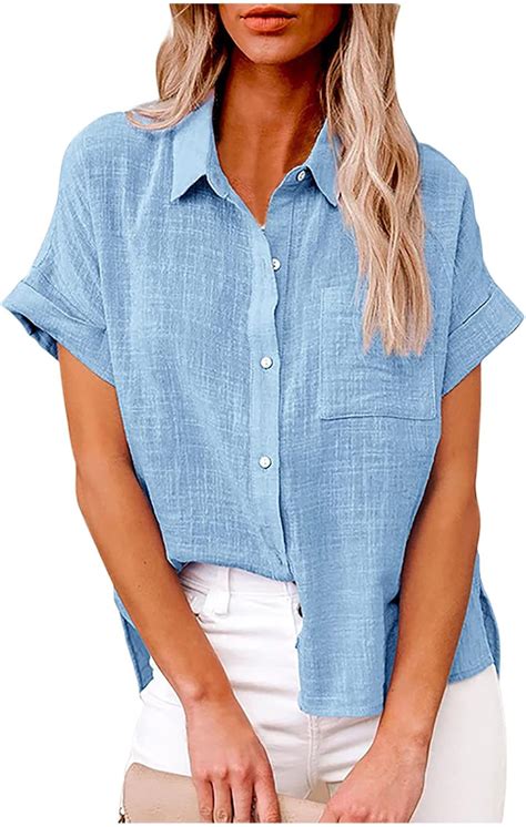 Button Down Open Front Tee Shirt For Women Spring Short Sleeve Lapel