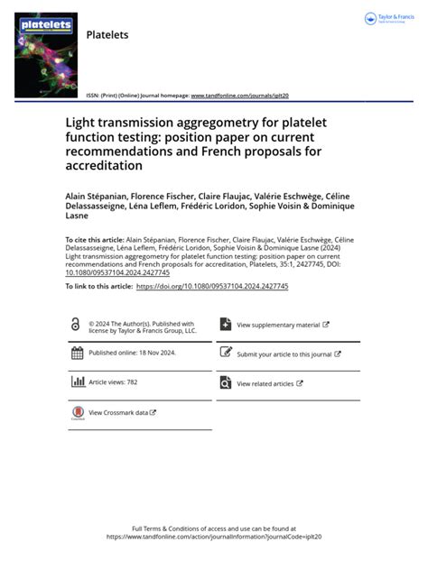 Light Transmission Aggregometry For Platelet Function Testing Position Paper On Current