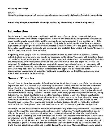 📌 Free Essay Sample On Gender Equality Balancing Femininity And Masculinity Free Essay Term