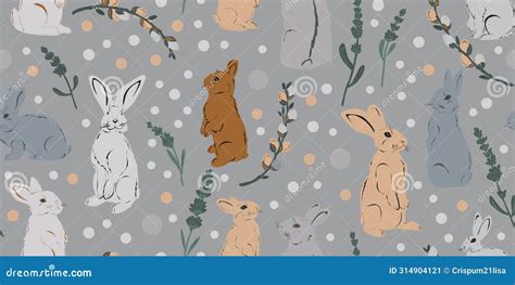Easter Bunnies Stylized Spring Grasses Hand Drawn Vector Seamless