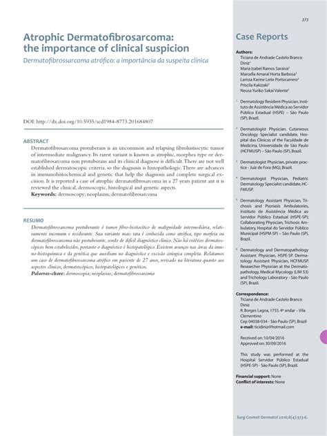 Pdf Atrophic Dermatofibrosarcoma The Importance Of Clinical Suspicion