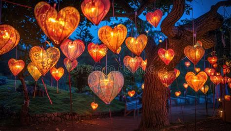 Colorful Heart Shaped Lanterns Illuminate A Serene Garden During