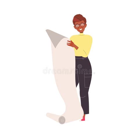 Man Character In Glasses With Paper Scroll Working With Text Vector