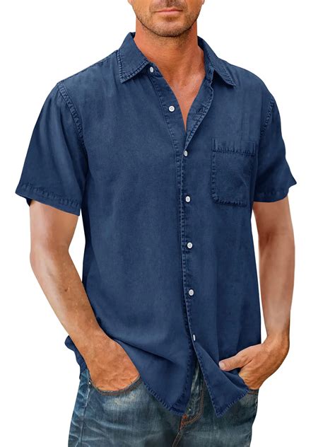 Mens Solid Color Short Sleeve Cotton Shirt