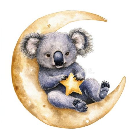 A Happy Koala Resting On The Moon Gently Holding A Star On An Isolated White Background Stock