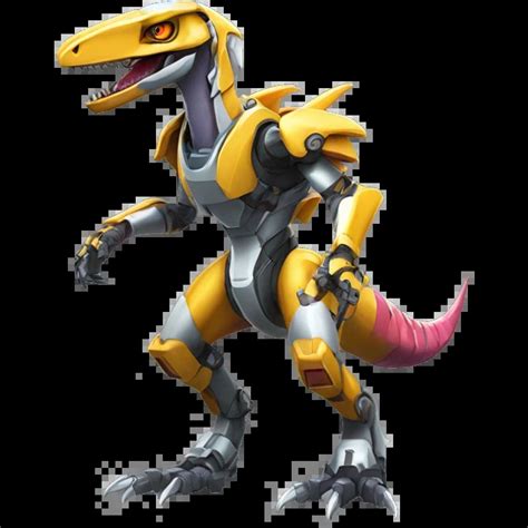 Colorful Edgy Greymon Velociraptor Genesect Fakémon Pokémon Wearing A With A Futuristic Helmet