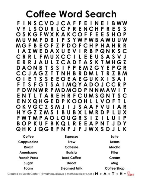 Coffee Word Search Puzzle Math Love
