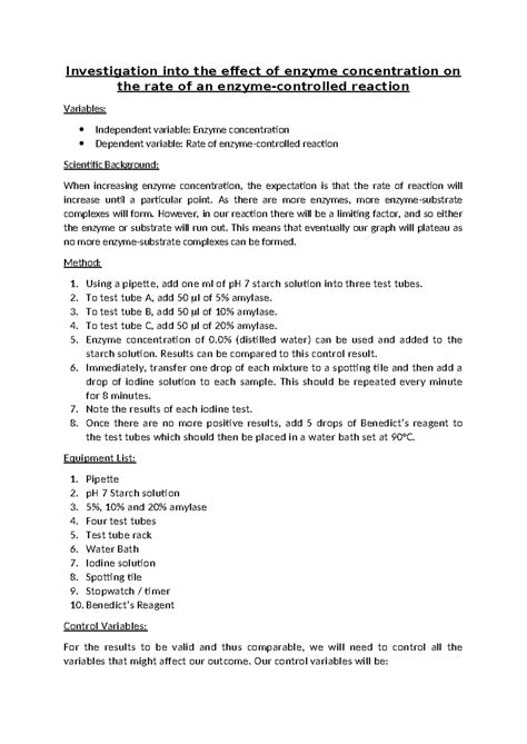 Enzyme Controlled Reaction Plan Investigation Into The Effect Of
