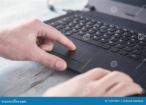 Male Hand Touching With Laptop Touchpad Stock Image Image Of Person Male 176014661