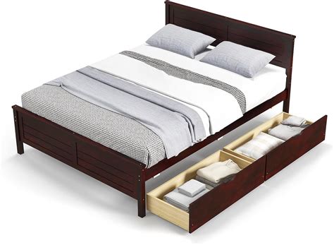 Komfott Full Size Wood Bed Frame With 2 Storage Drawers Mid Century