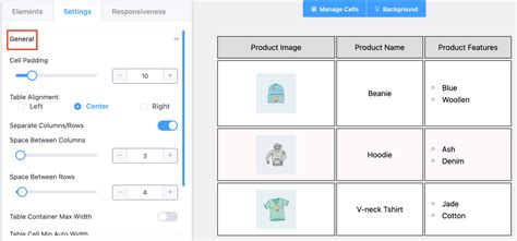 table settings and customization in drag and drop builder