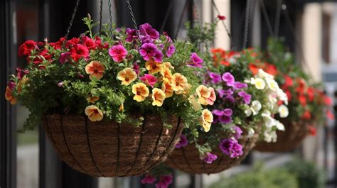 Hanging Basket Three Brown Baskets With Colored Flowers From Them Backgrounds  Free