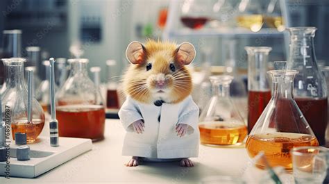 Little Hamster Doing Science Experiments With Test Tubes And Beakers In The Laboratory Stock