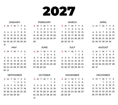 Um Design De Calendário De 2027 Limpo E Funcional Em Inglês Mostrando