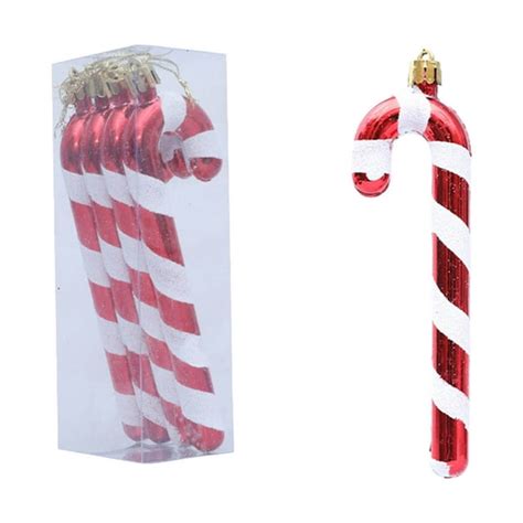 Red 4 Pack Plastic Candy Cane Christmas Ornaments Classic Red And