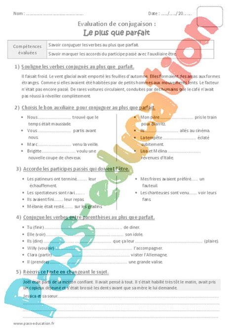 Evaluation Plus Que Parfait Cm2 Bilan Et Controle Corrigé Pdf à