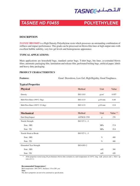Tds Tasnee Hd F0455 Pdf Polyethylene Polymers