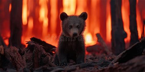 Bear Cub Is Standing In A Forest With A Fire In The Background Stock Illustration Illustration