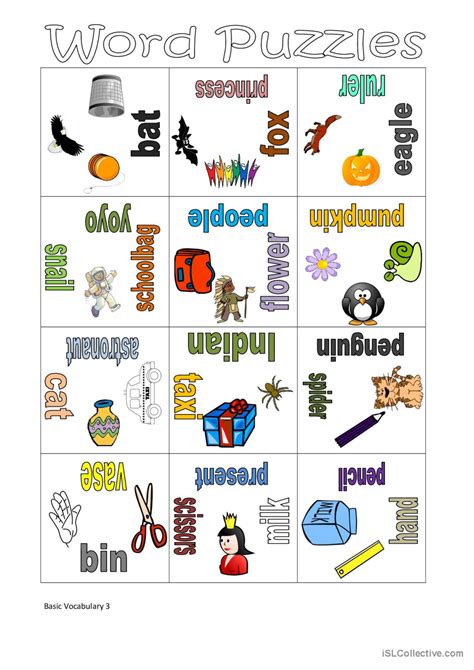 Puzzle Basic Vocabulary 3 General Vo… English Esl Worksheets Pdf And Doc