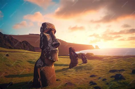Premium Photo Moai Statues At Easter Island Bathed In A Sunset