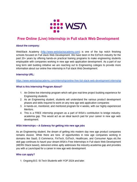 Wsa Fullstack Internship Pdf Web Development Internship