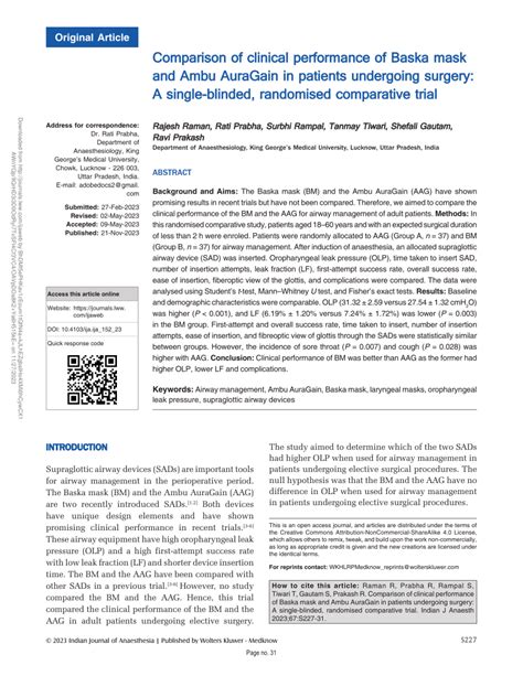 Pdf Comparison Of Clinical Performance Of Baska Mask And Ambu