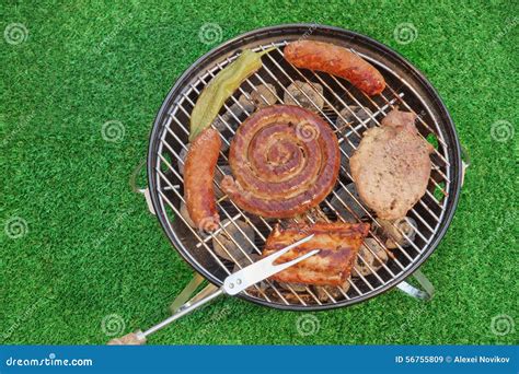 Assorted Meet Products On Hot Bbq Grill High Angle View Stock Image Image Of Meat Food 56755809