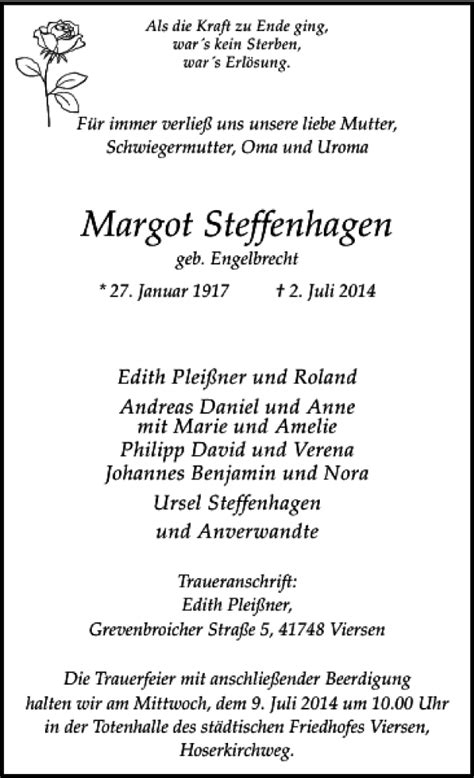 Alle Traueranzeigen Für Margot Steffenhagen Trauer Rp Online De