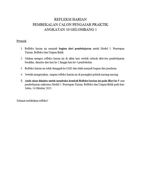 A10 G1 Lembar Refleksi Harian Mandiri Hari Ke 2 Sd Hari Ke 4 Cpp